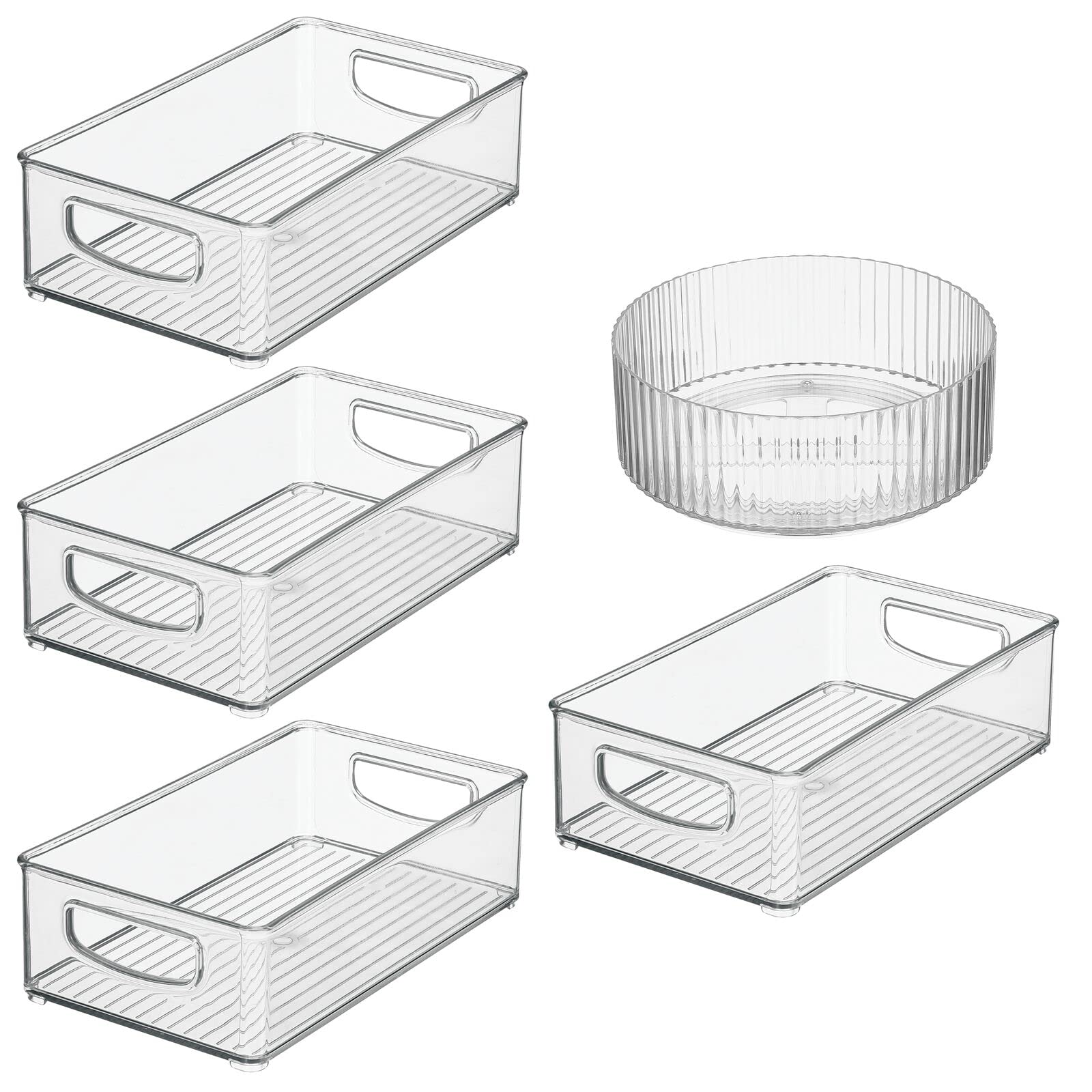 mDesign Plastic Stackable Bin with Handles and 9" Round Fluted Lazy Susan Turntable Plastic Spinner Combo Set for Organization in Bathroom, Closet, Cabinet, or Vanity Countertop - Set of 5 - Clear