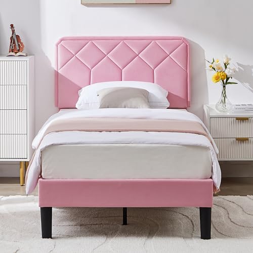 VECELO Twin Size Bed Frame Premium Leather Upholstered Platform with Height Adjustable Headboard/Mattress Foundation, Solid Wooden Slat Support, No Box Spring Needed/Easy Assembly