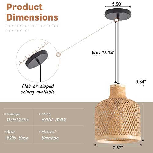 Modern Bamboo Woven Pendant Light Set of 2, Coastal Bamboo Wicker Dome Pendant Lighting Fixture for Kitchen Dining Room Living Room Foyer
