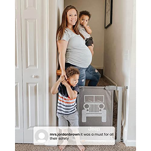 Jeep Adjustable Baby and Pet Safety Gate by Delta Children | Easy Fit | Pressure Mount | Design with WalkThrough Door โ Fits Openings Between 28.5-40 Inches Wide, Grey
