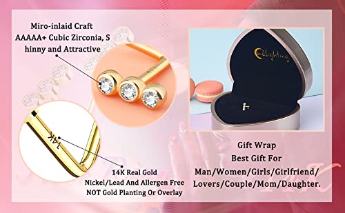 MeIighting 14K Gold Nose Stud L Shaped Nose Ring 20G with Round Cubic Zirconia Nose Piercing Jewelry for Women Men Real Gold
