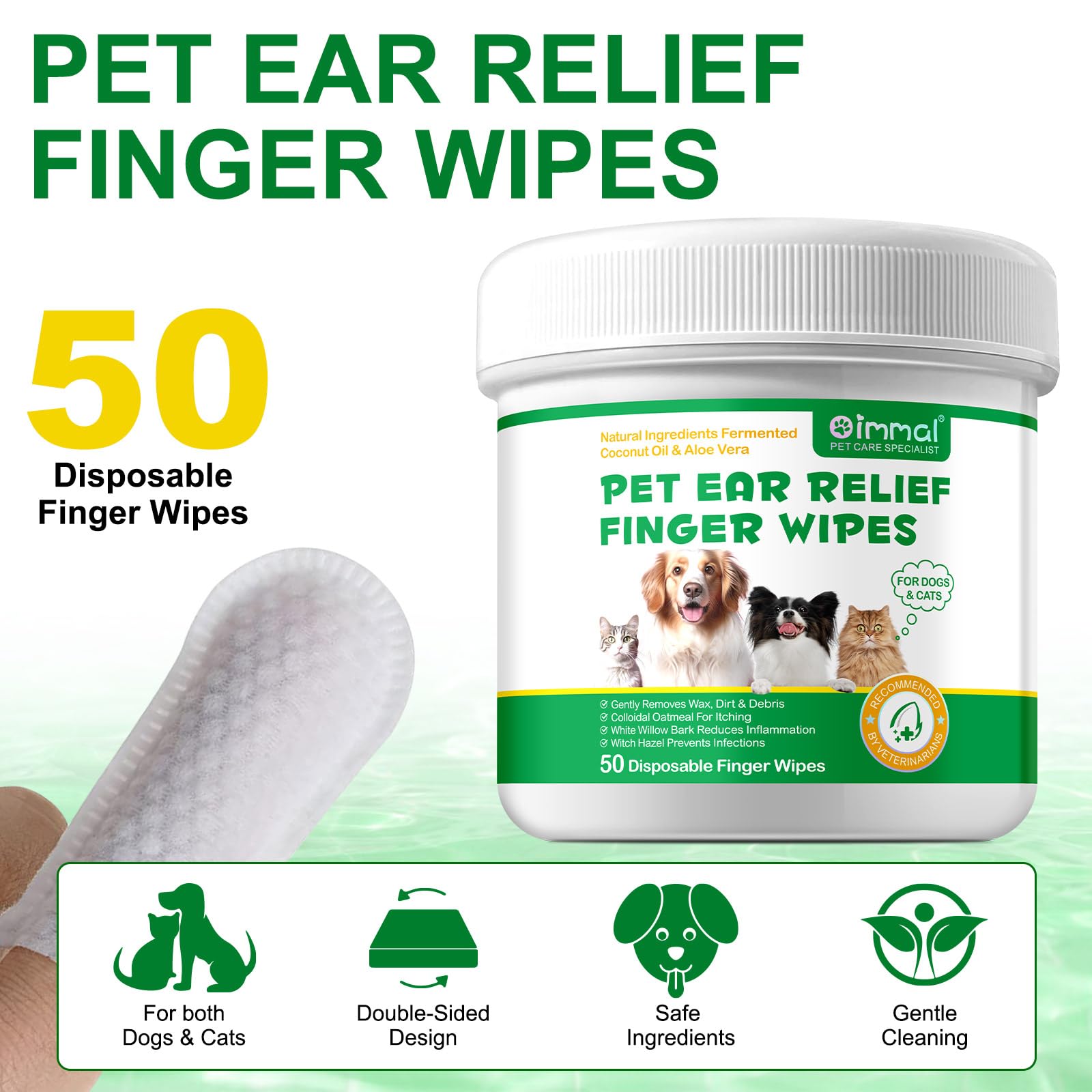 Xaarty Ear Cleaning Wipes for Dogs & Cats, Gently Remove Wax & Debris, Reduce Ear Inflammation, Finger Set Cellular Network Design, Rich in Fermented Coconut Oil and Aloe Vera, All Natural, 50 Count