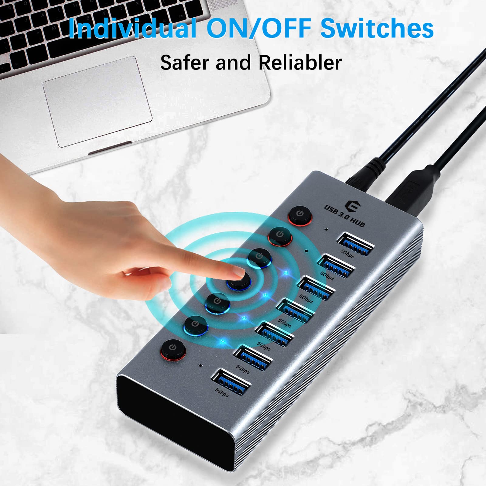USB Hub Active 3.0 with Power Supply, 7 Ports USB Adapter Active USB Splitter 5 Gbps USB 3.0 Hub with 1 m Cable, 24 W (12 V/2 A) Power Supply Dock and Separate Switch with LED Display