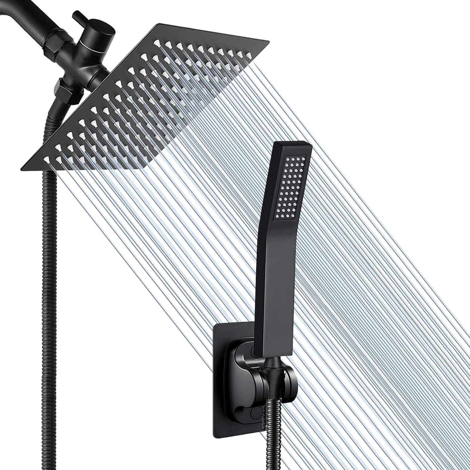 Rain Shower Head with Handheld Spray, 6'' Matte Black Shower Head with 78'' hose, High Pressure Hand Head Shower Heads, Anti-leak Rainfall Shower Head with Holder(Square, All Metal)