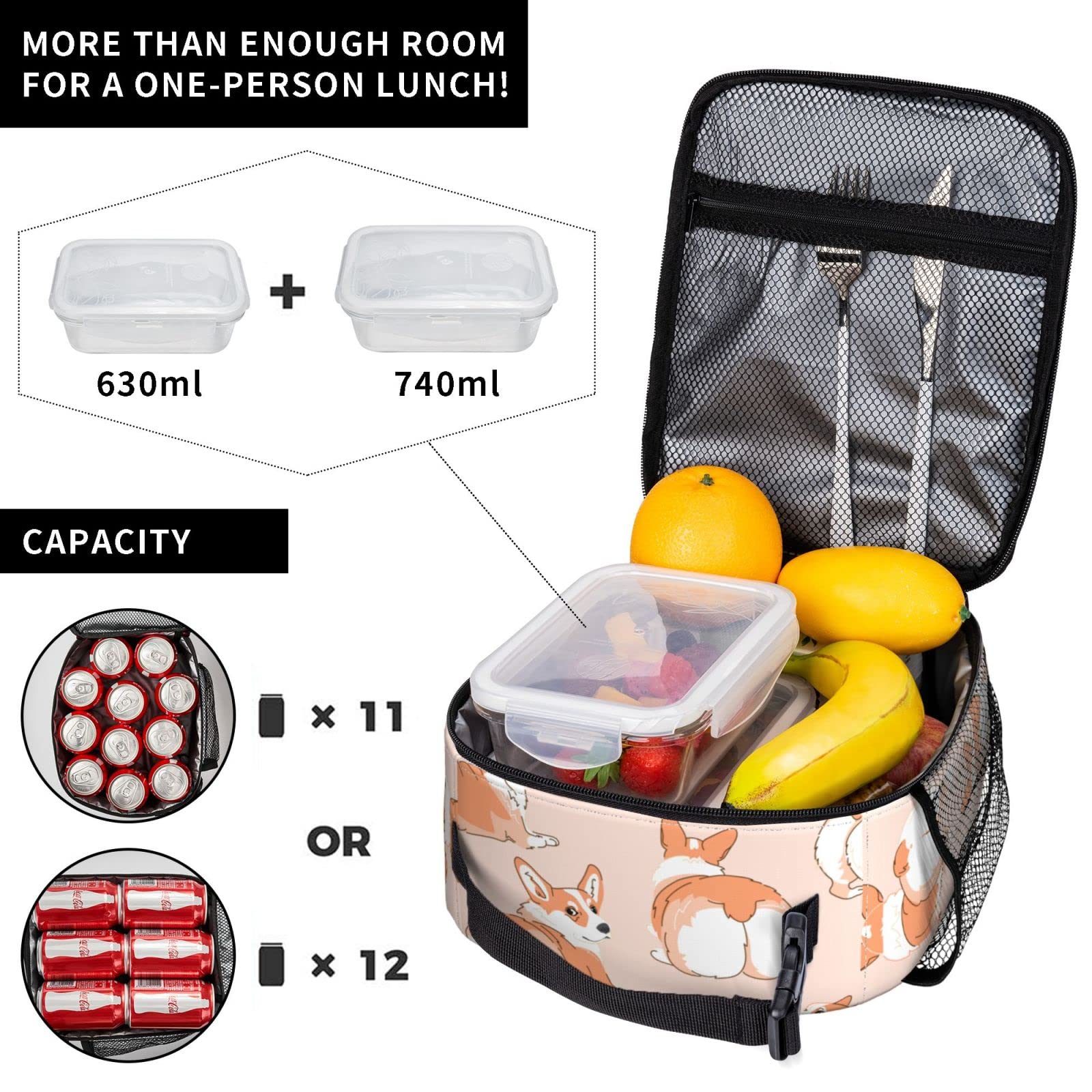 Oplp Cute Corgi Butt Lunch Bag Lunch Box Insulated Meal Bag Food Container for School Work Picnic Travel