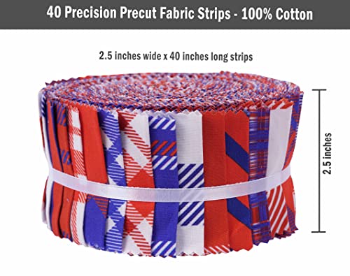Soimoi 40Pcs Check & Tartan Print Cotton Precut Fabrics for Quilting Craft Strips 2.5x42inches Jelly Roll - Red, Blue & White