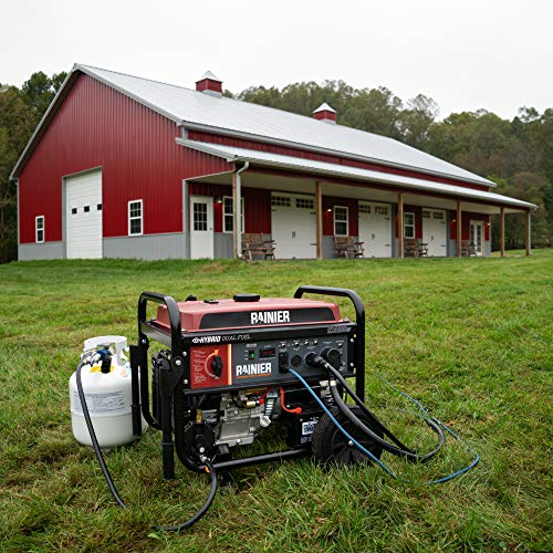 RAINIER R12000DF Dual Fuel (Gas and Propane) Portable Generator with Electric Start - 12000 Peak Watts & 9500 Rated Watts - CARB Compliant - Transfer Switch Ready