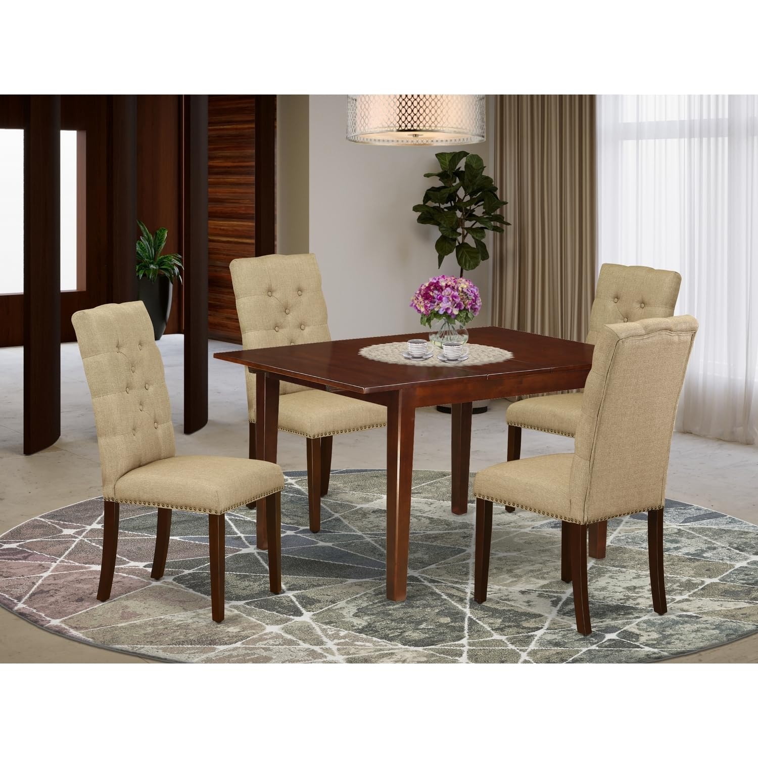 HomeStock Vintage Vogue Furniture Mlel5-Mah-16 5-Piece Modern Dining Table Set- 4 Kitchen Parson Chairs and Butterfly Leaf Rectangle Table Solid Wood Frame -High Back & Mahogany Finish