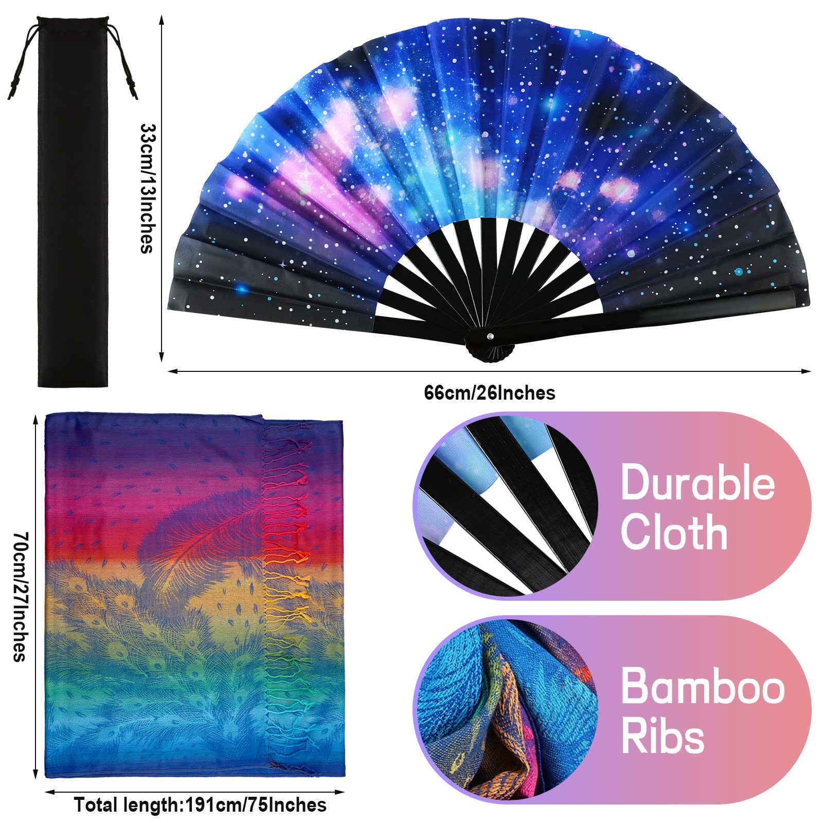 Qunclay 2 Pcs UV Glow Large Rave Hand Fan with Pashmina Scarf for Women Colorful Flowers Jacquard Shawl Performance Hand Fan(Cute)