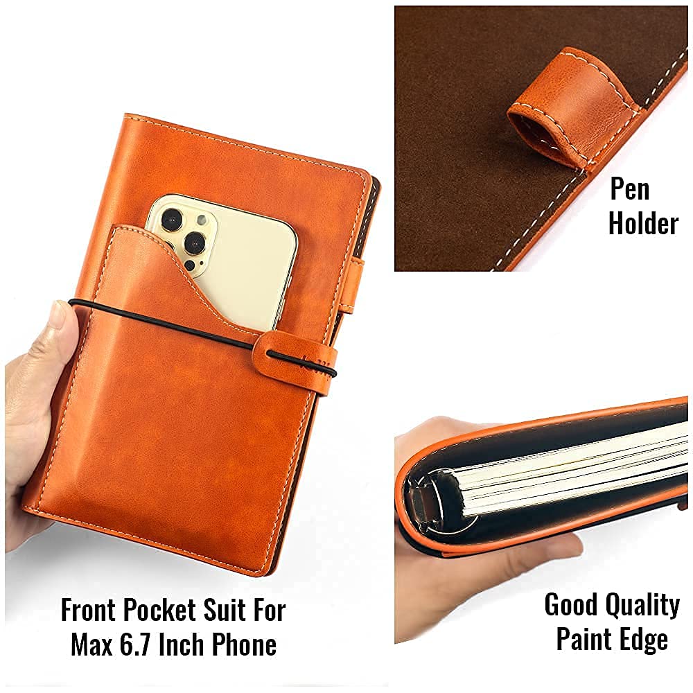 Lollipro Orange A6 Personal Size PU Leather Budget Notebook Wallet Saving Money Organizer and 2 Pakc of Loose Leaf Paper