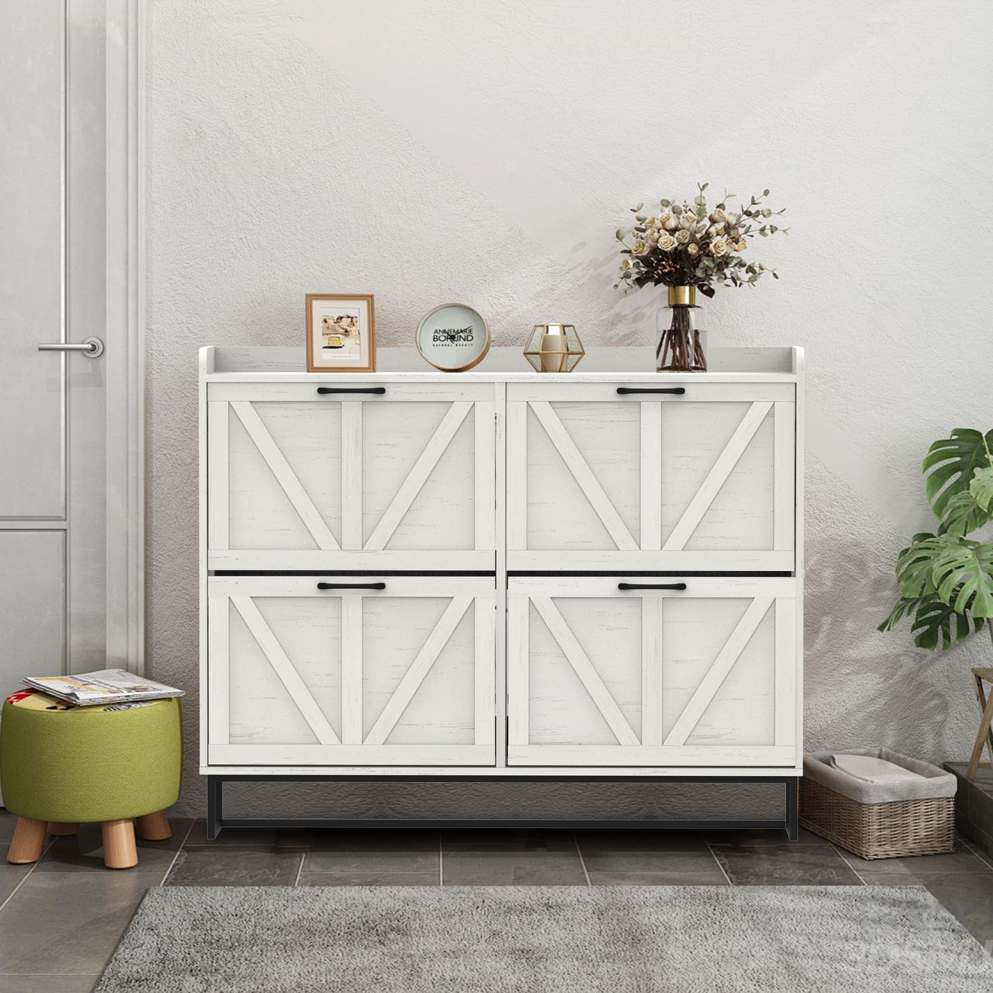 VINYUSE Shoe Cabinet with 4 Flip Drawers, Shoe Storage Cabinet for Entryway, Freestanding Hidden Shoe Cabinet Organizer with Open Storage, Narrow Shoe Rack with Legs, Oak White