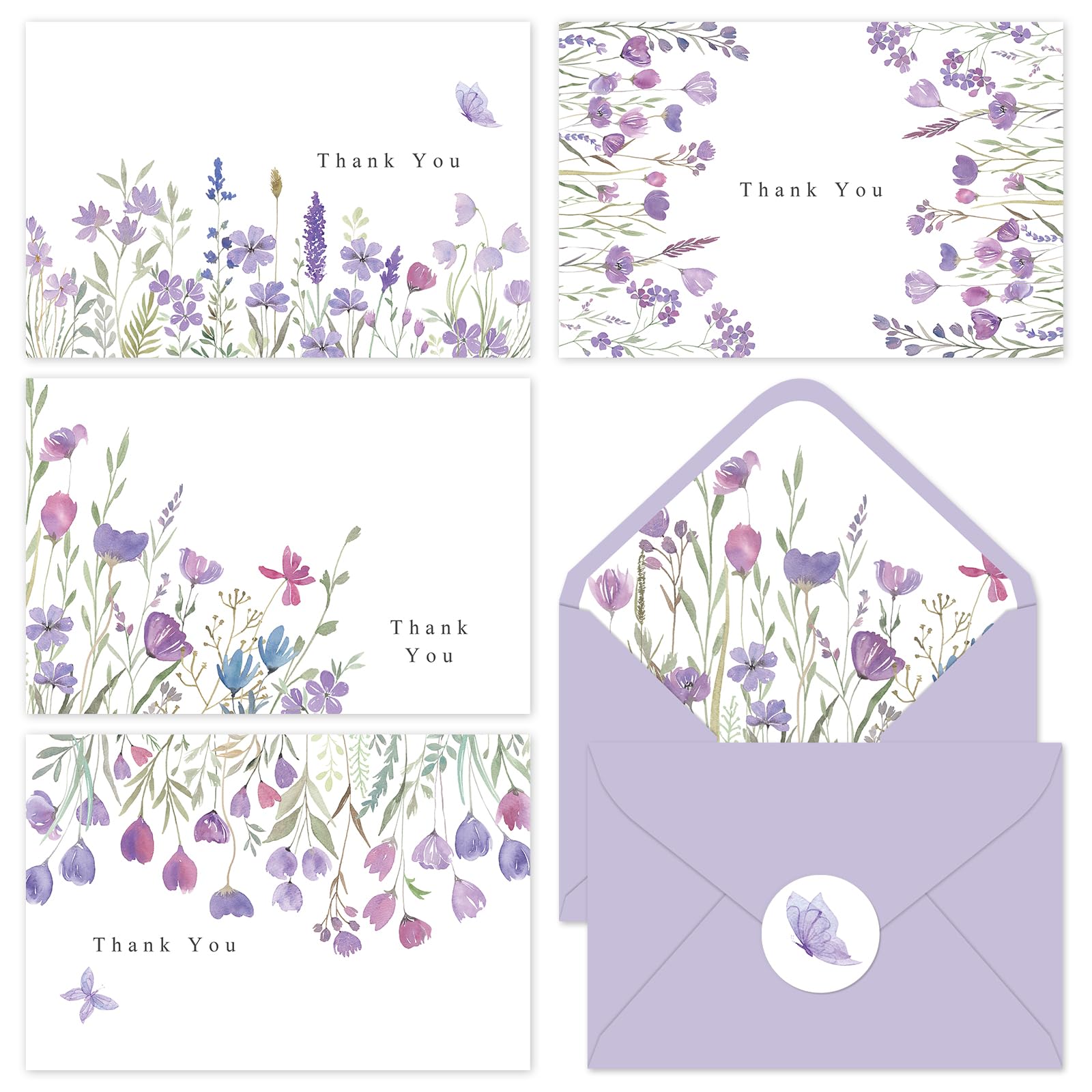 Whaline 32 Pack Purple Floral Thank You Cards Wildflower Greeting Cards with Envelopes Stickers Blank Note Cards for Wedding Bridal Baby Shower Birthday, 4 x 6 Inch