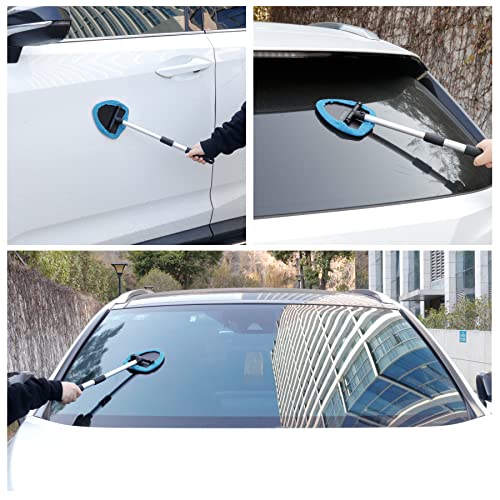 UYYE Windshield Cleaning Tool, Retractable Rotary Triangular Head Cleaning Brush,with Washable Fiber Cloth and Water Spray Kettle, Reusable Car Interior and Exterior Accessories Cleaning Kit, Blue