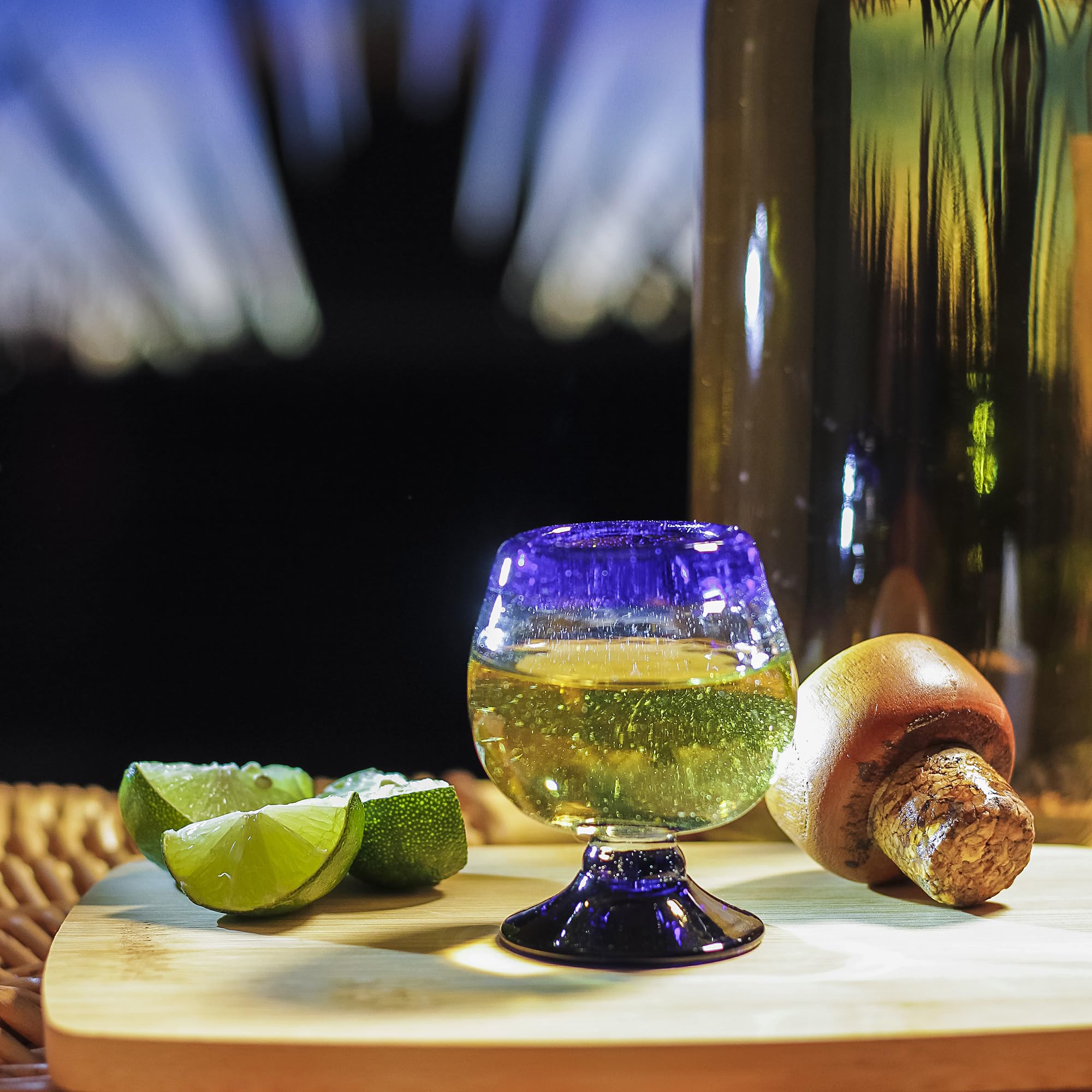 MEXTEQUIL - Authentic Mexican Tequila Hand Blown Shot Glasses - Set of 4-2 oz - Mini Glass Snifters - Heavy Base - Cognac (Cobalt Blue Rim)