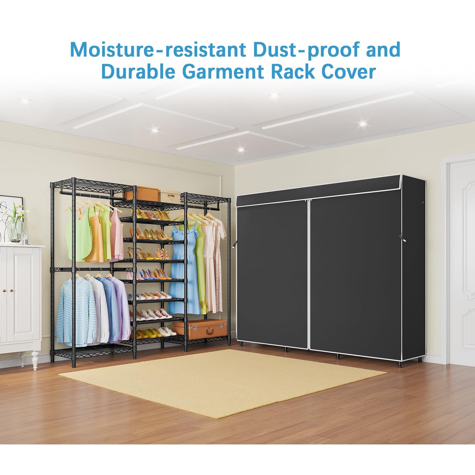 VIPEK S3C Heavy Duty Portable Closet with Adjustable Shoe Rack Wire Shelf, Large Wardrobe Organizer for Bedroom Storage, Freestanding Clothes Rack with Hanging Rod, Custom Black Rack with Black Cover