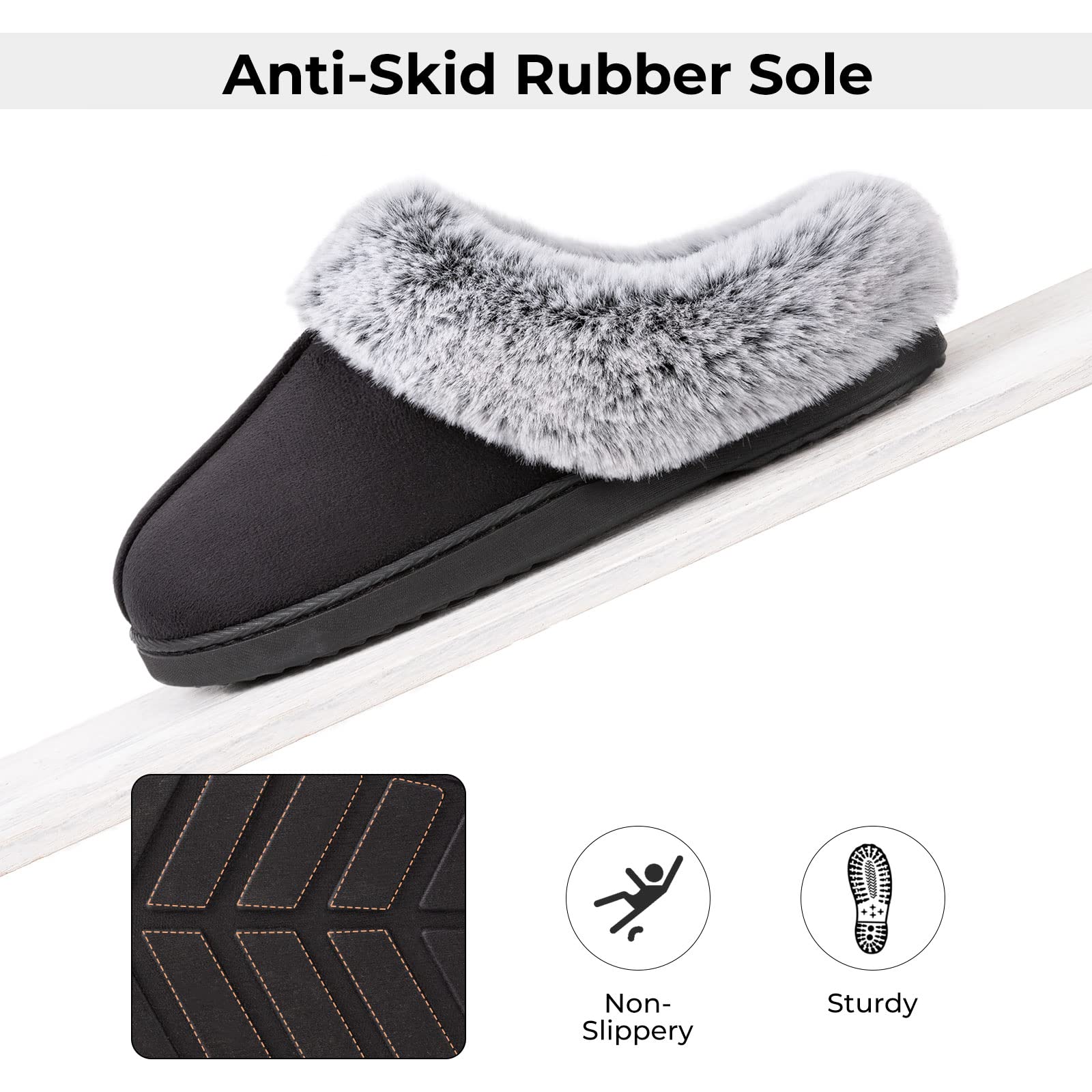 HomeTop Women's Classic Microsuede Memory Foam Slippers Durable Rubber Sole with Warm Faux Fur Collar (9-10 M, Black)