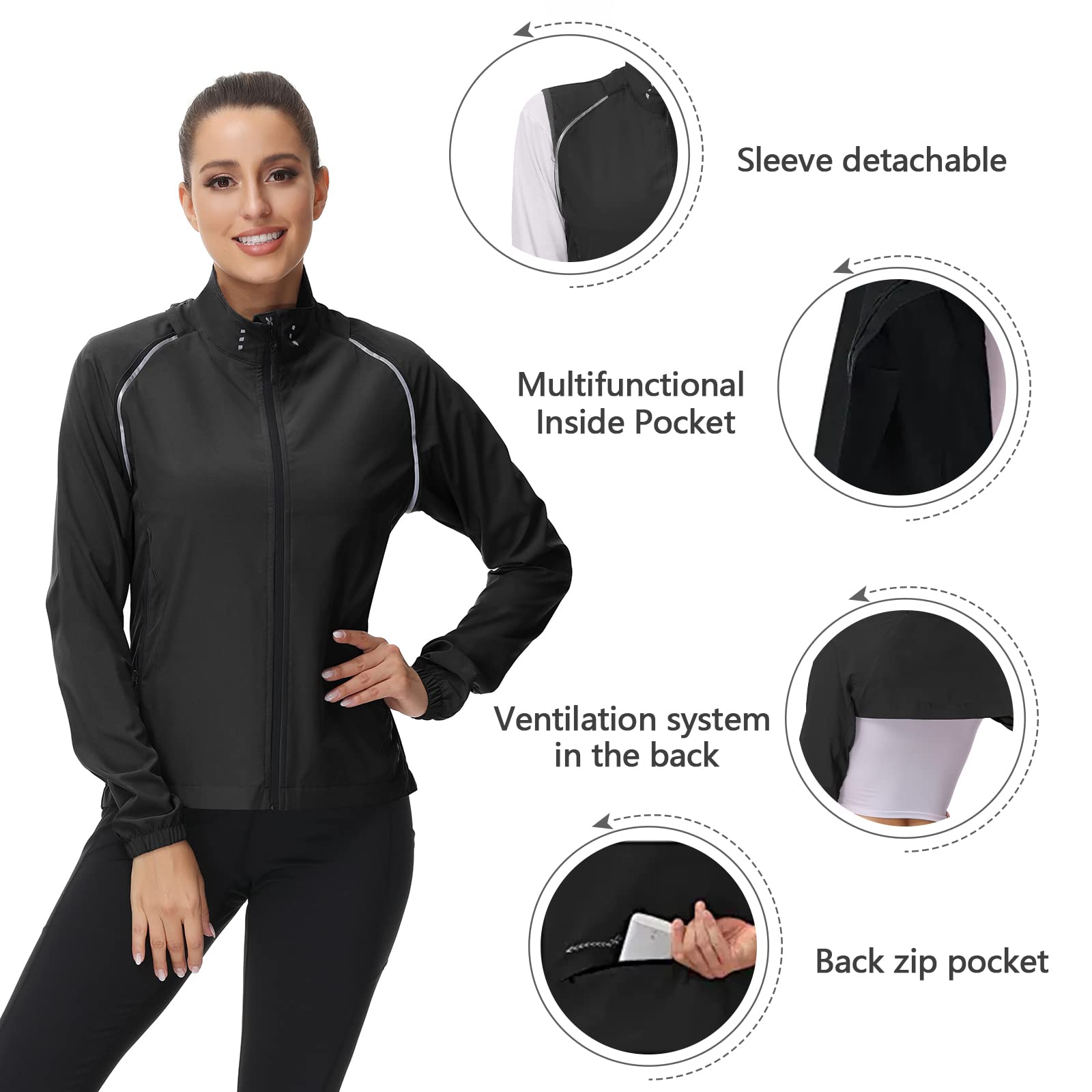 MOHEEN Women's Cycling Jackets Windbreaker Waterproof Reflective Packable Running Biking Golf Hiking Rain Jacket Coat(Black-XS)