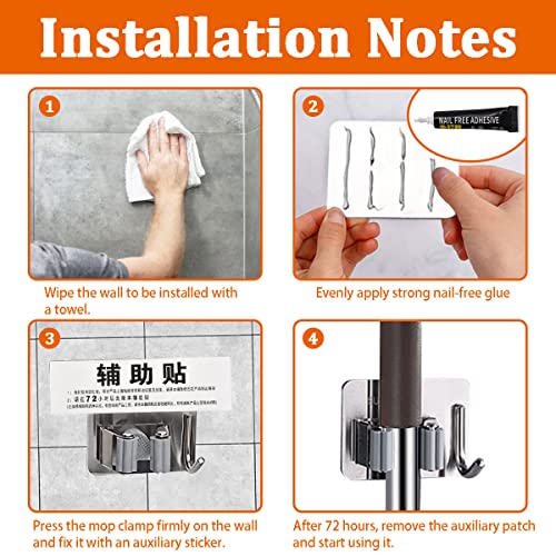 Seamaka 5PCS Broom Holder with Hangle Stainless Steel Wall Mount Mop Holder Self Adhesive Mop Grippers Heavy Duty Broom Hanger for Laundry Room Garden Tool Holder Bathroom Accessories Black O-009-BK