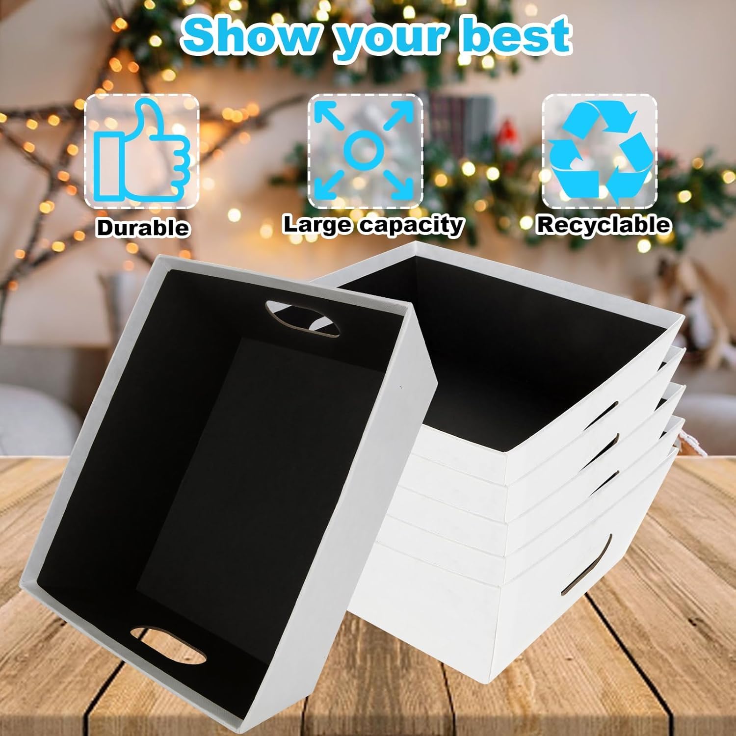 SHUESS 6 Pk 8.6 x 10 inch White Basket for Gifts Empty Large Gift Basket Empty to Fill Rectangular Cardboard Tray with Handles for Christmas Wedding Holiday | Gift to Impress