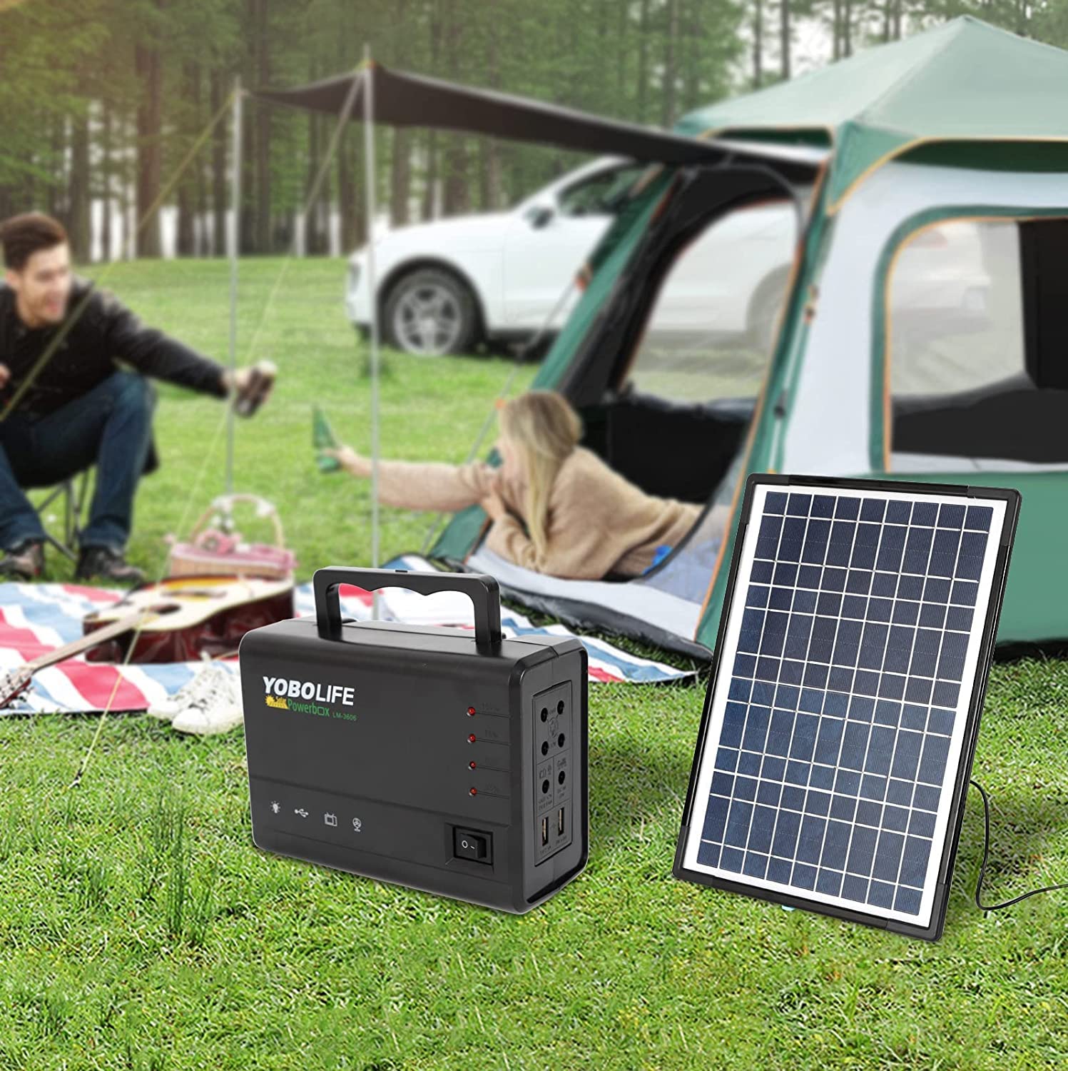 Portable Solar Generator with Solar Panel,Small Basic Portable Generator Kit,Equipped with USB charging cable,Included 4 Sets LED Lights,for Home Emergency Backup Power Camping Outage