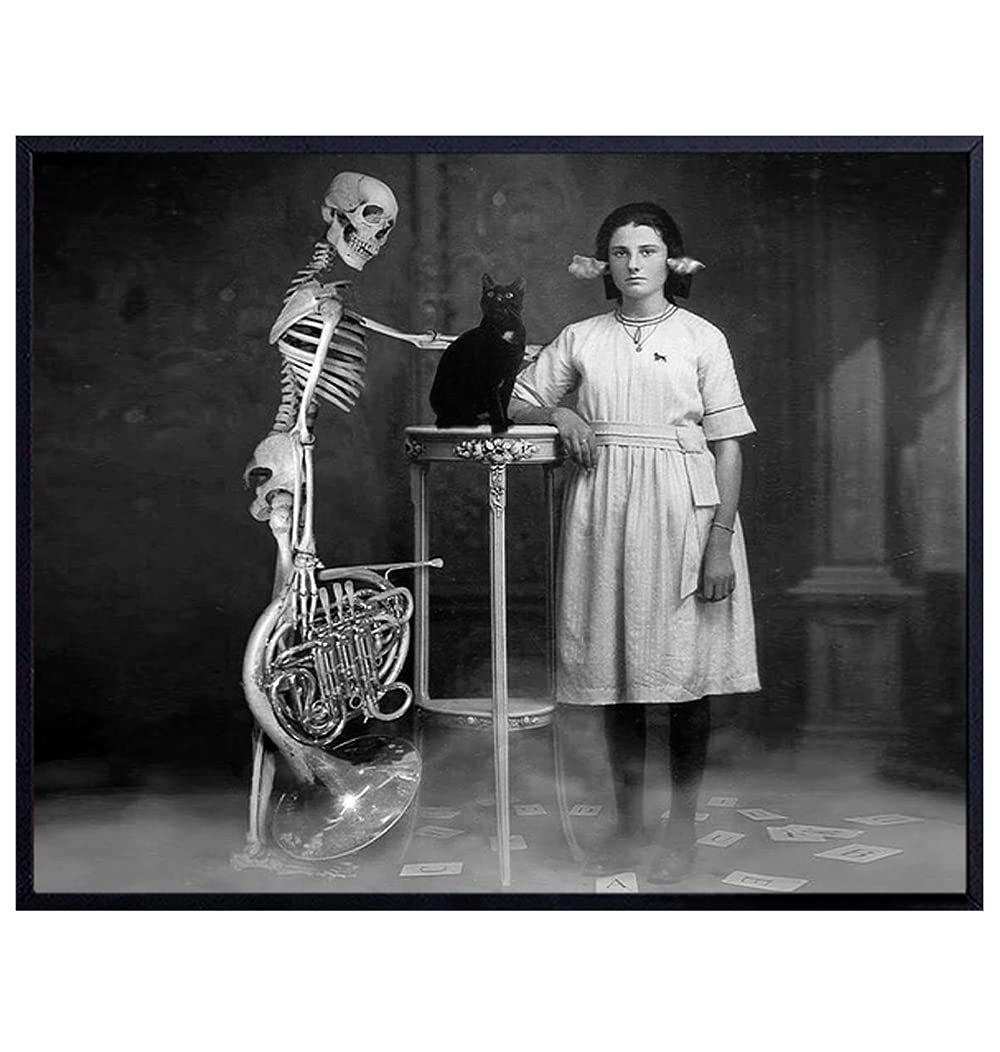 Skeleton Wall Art & Decor - Black Cat Decor - Vintage Goth Wall Art - Creepy Weird Gothic Home Decor - Wicca Wiccan, Witchcraft Supplies - Paganism Pagan Gifts - Human Anatomy Photo - Scary Picture