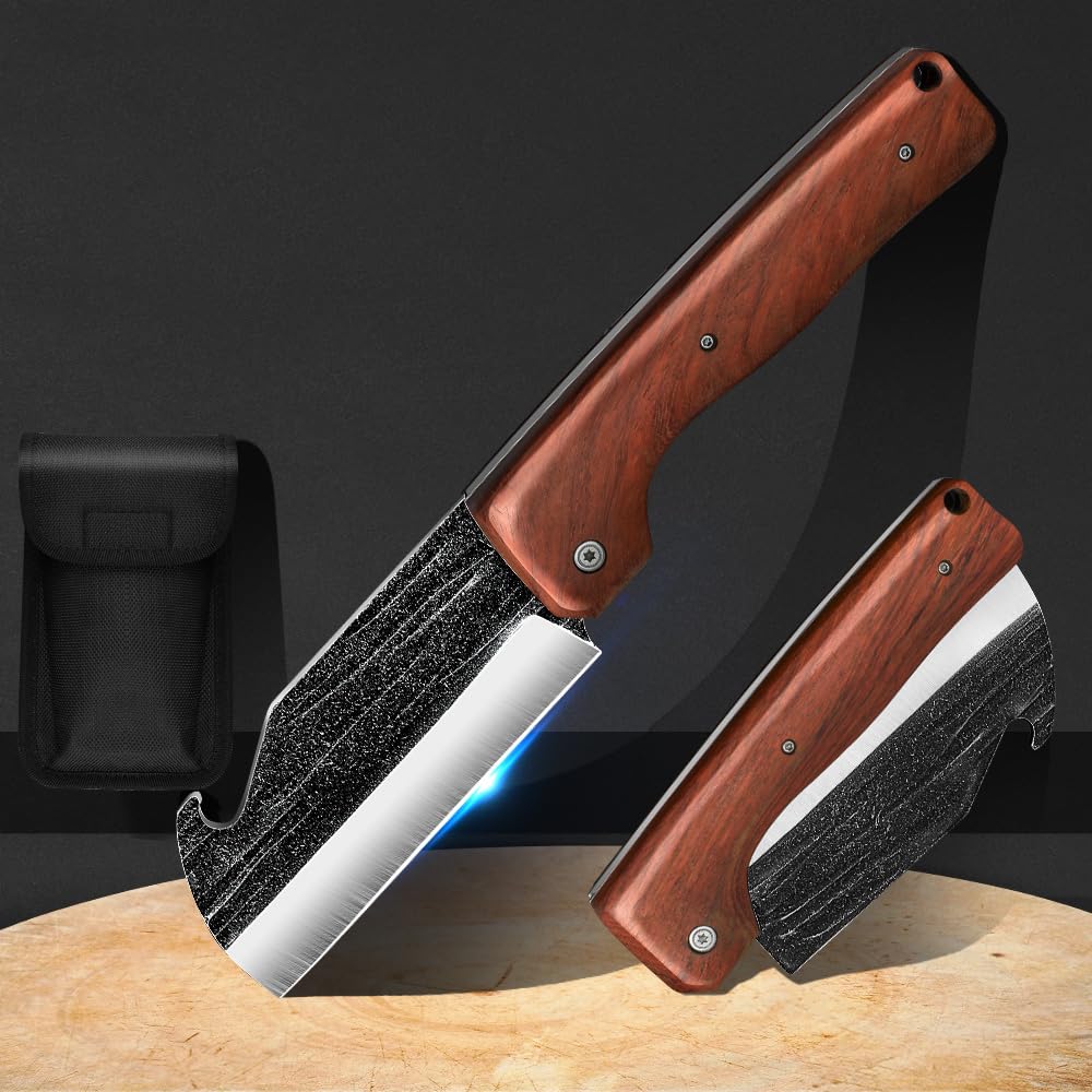 zarfand Folding Cleaver, Pocket Folding Chef Knife with Forged Steel Blade, Folding kitchen knife with Solid wood Handle Camping BBQ trip Outdoor Portable kitchen knife with Bottle Opener. (Type-A)
