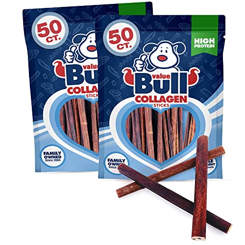 ValueBull USA Collagen Sticks, Premium Beef Small Dog Chews, Low Odor, 6" Thin, 100 Count - Single Ingredient, Rawhide-Free, All-Natural, Healthy for Hips, Joints, Skin & Coat