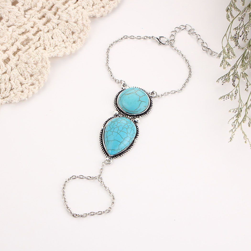 Jovono Boho Slave Bracelets Silver Turquoise Finger Ring Bracelets Summer Beach Hand Chain Jewelry for Women
