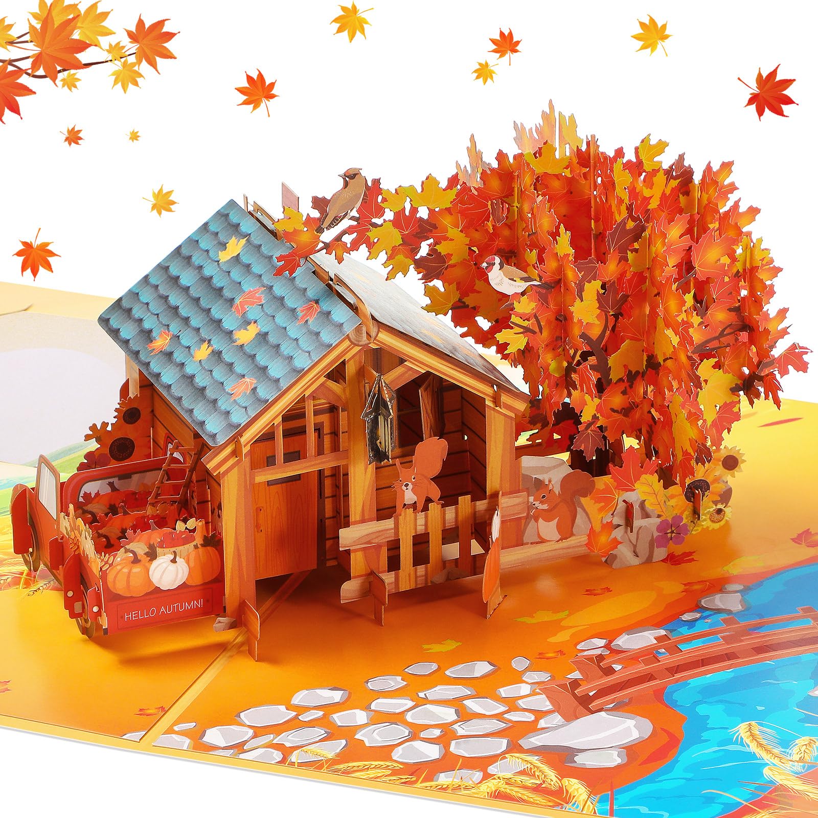 Teling 3D Thanksgiving Pop Up Card Fall Greeting Card with Envelope Handcrafted Cozy Autumn Farmhouse with Maple Tree Pumpkin Squirrel Thinking of You Hello Autumn 9" x 6.3" Cover