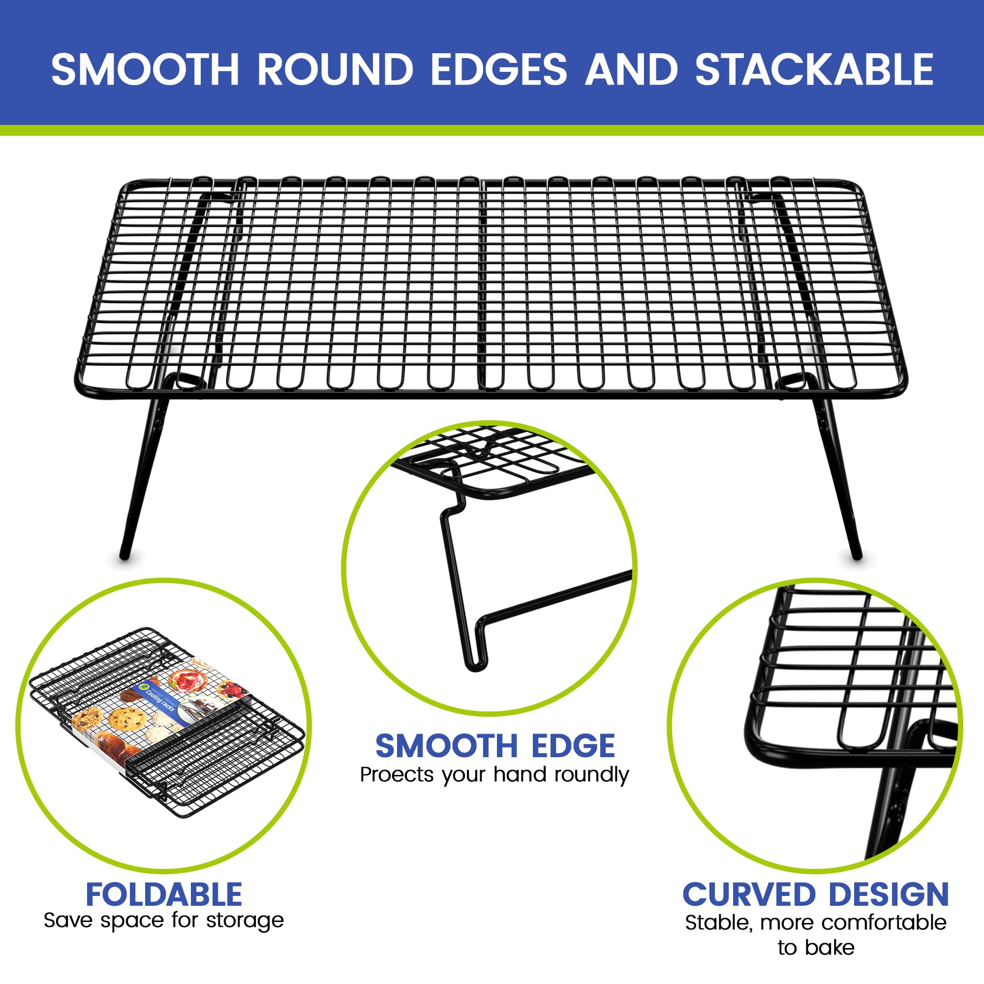 MIU Stackable Cooling Racks for Cooking and Baking with Folding Legs, Multi Tier, Set of 2, Black, Wire Grid Stainless Steel, Kitchen Counter and Oven Safe