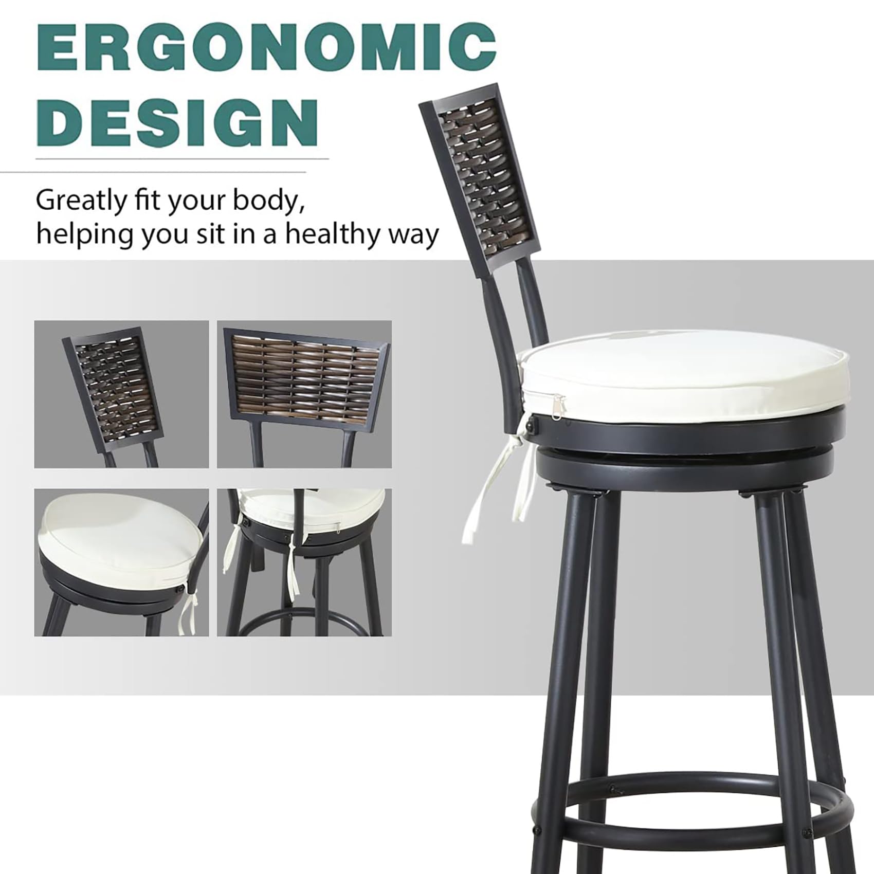 TOP HOME SPACE Patio Bar Stools Outdoor Swivel Bar Height Stool Chairs with Rattan Back Cushion for Deck Porch Backyard, Set of 6