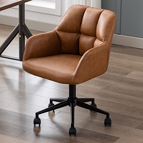 VESCASA Adjustable Home Office Desk Chair with Comfy Square Tufted Mid-Back, Faux Leather 360 Swivel Upholstered Task Armchair with Wheels for Teens Bedroom/Living Room, (Brown)