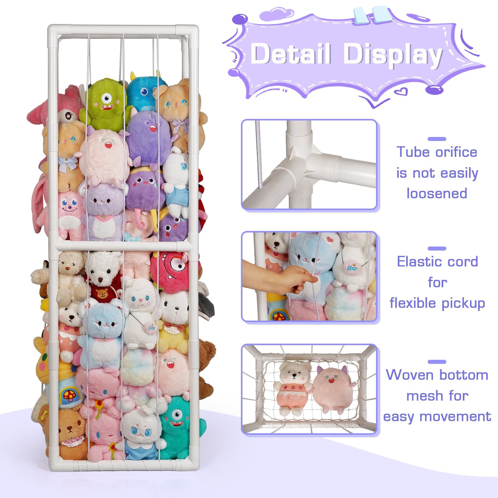 Trycooling Stuffed Animal Storage Zoo Stuffed Animal Holder Space Save Vertical Stuffed Animals Storage PVC with Elastic Band and Net for Playroom Bedroom Nursery (White 1)