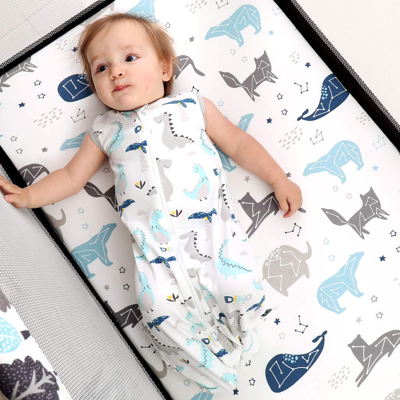 Jeroray Wearable Blanket-Stretchy Sleeping Bag,(6-12 Months) TOG 1.0,2-Pack,2 Way Zipper,Unisex,Dinosaur&Solid Grey,Medium