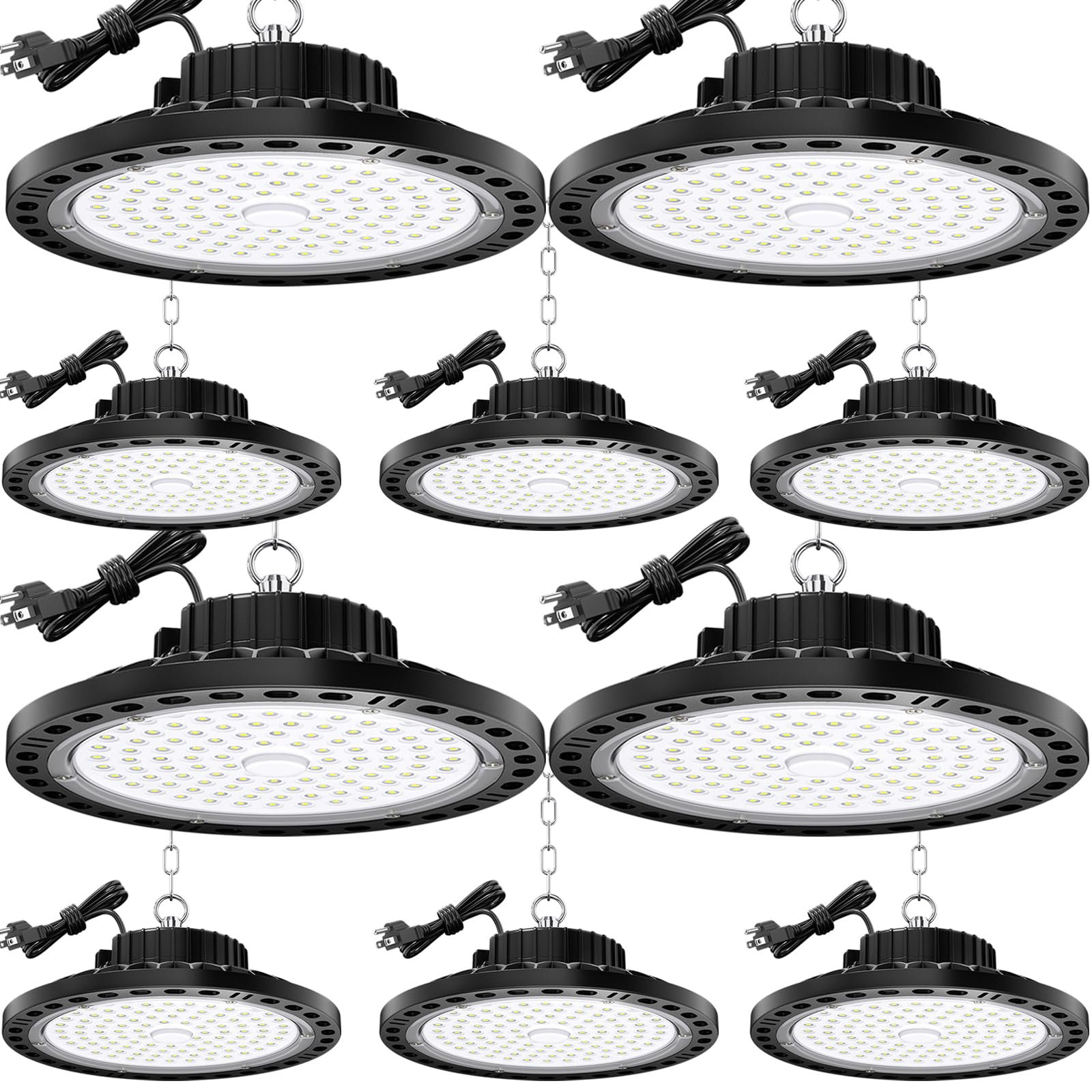 TOPAUBUB 100W High Bay LED Light 10 Pack, 15000LM High Bay LED Shop Lights with 6.56FT Cable US Plug, 11.8in Metal Chain, Driver, UFO LED Light 6500K IP65 Commercial Bay Lighting for Warehouse Shop