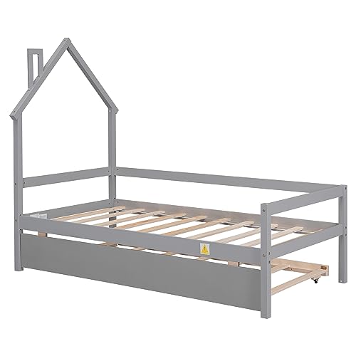 Twin Platform Bed with Trundle, Wooden House-Shaped Headboard Bed with Guardrails, Daybed Frame with Sturdy Slat Support for Kids Boys Girls Bedroom (Grey 06)