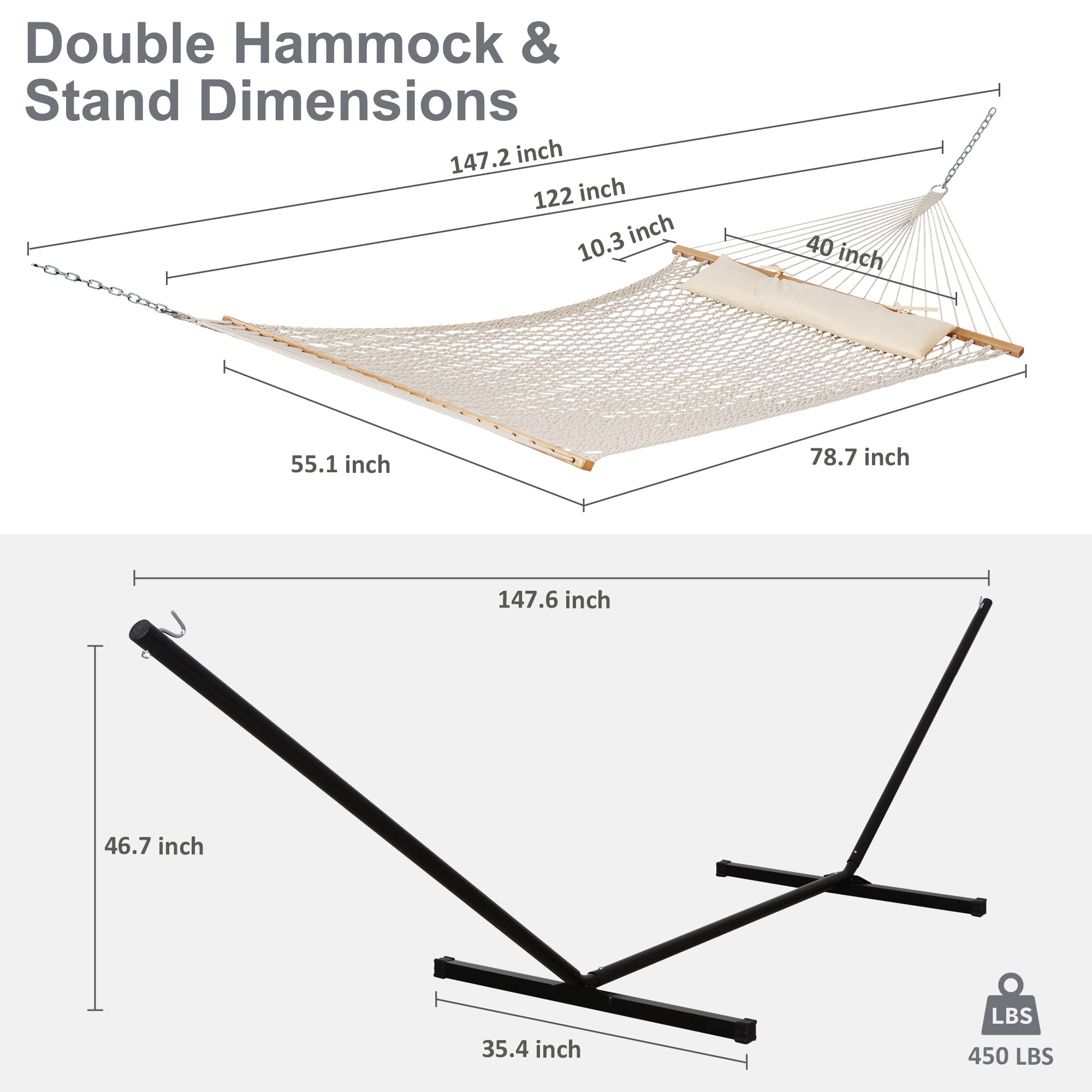 SUNCREAT Double Outdoor Hammock with Stand Included, Portable Cotton Rope 2 Person Hammock for Outdoor, Patio, Garden, Backyard, Beige