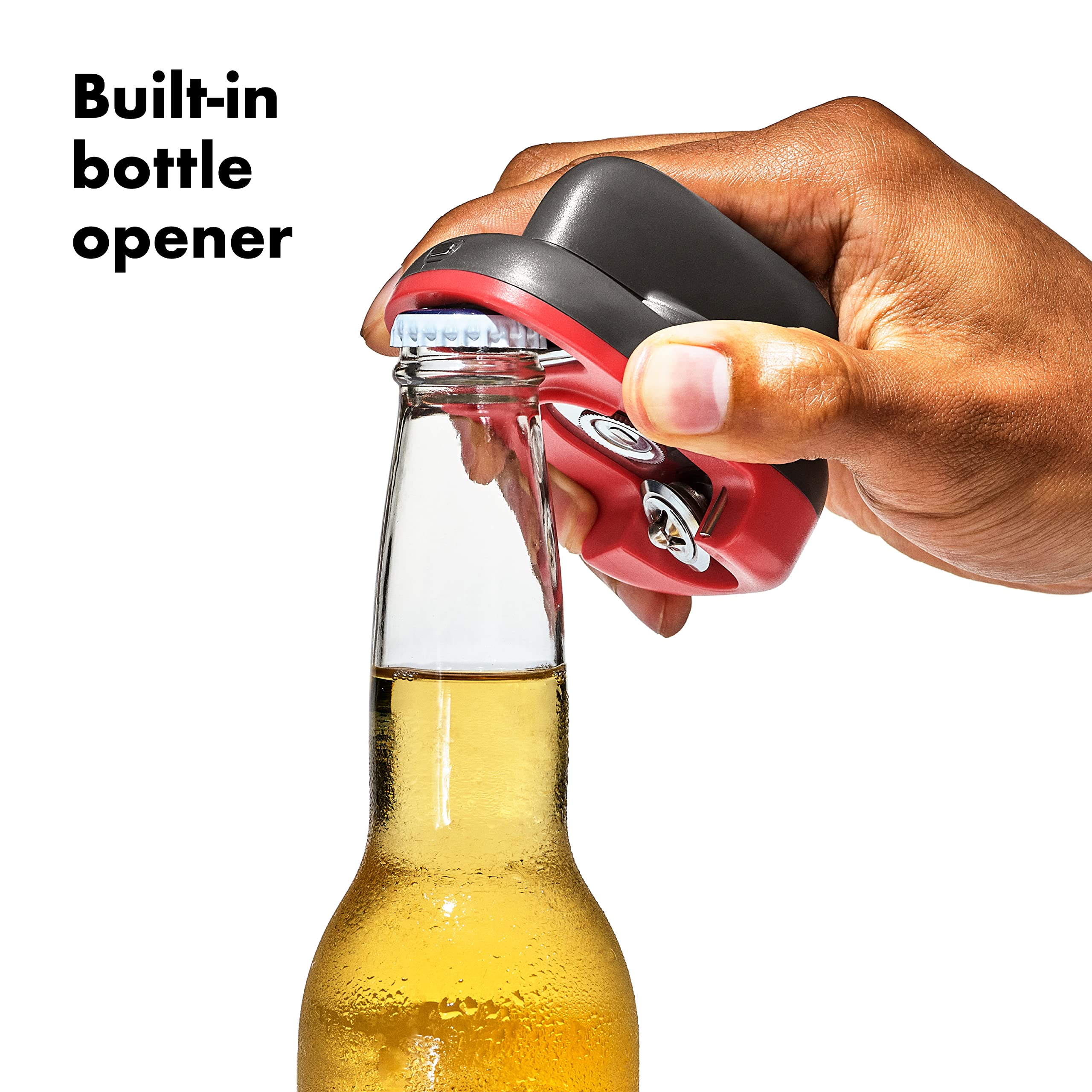 OXO Outdoor Kitchen Compact Can Opener with Built-In Bottle Opener,Red/Grey