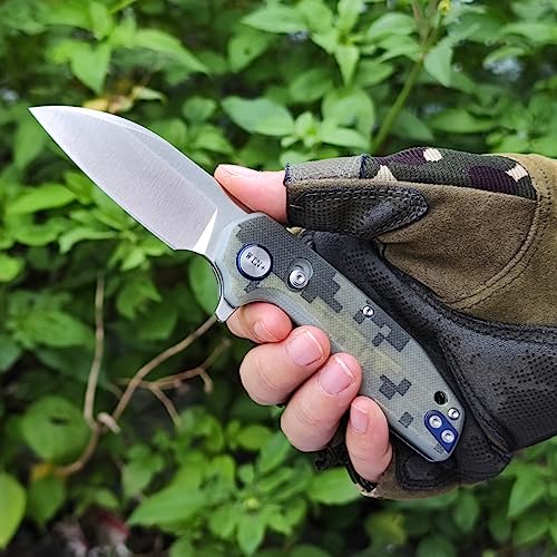 WIN+ Pocket Knife, Folding Knife with Button Lock, EDC Knife with Axis Lock and Ball Bearing, D2 Tactical Knife with G10 Handle, Survival Knives for Camping W3435 (B-Camo-G10)