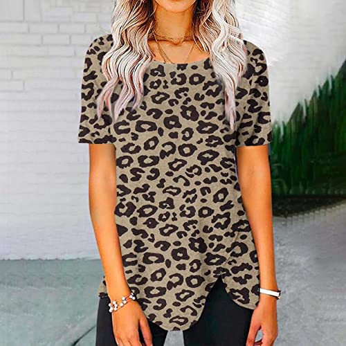 Xipoxipdo Women's Casual Tops Short Sleeved Shirts Round Neck Print Button Side Tops Summer Women Tee (Khaki, L)
