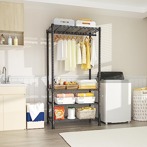 Ulif H2 Heavy Duty Clothes Rack, Freestanding 4 Tiers Garment Rack for Hanging Clothes with Shelves and Hangers, Closet Organizers and Storage Metal Closet Wardrobe System, Max Load 500 LBS, Black