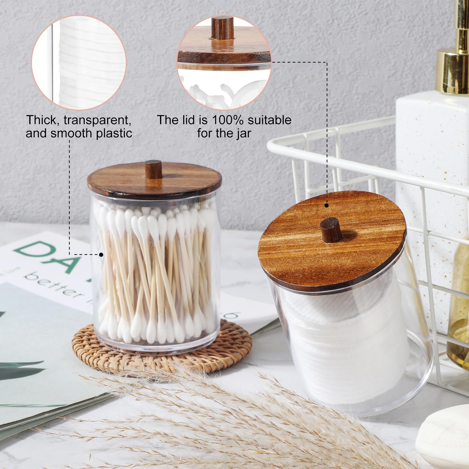 Temoyj 4 Pack Qtip Holder Dispenser with Wood Lids - 10 oz Clear Plastic Apothecary Jar Containers for Vanity Makeup Organizer Storage - Bathroom Accessories Set for Cotton Swab,Pads, Ball, Floss