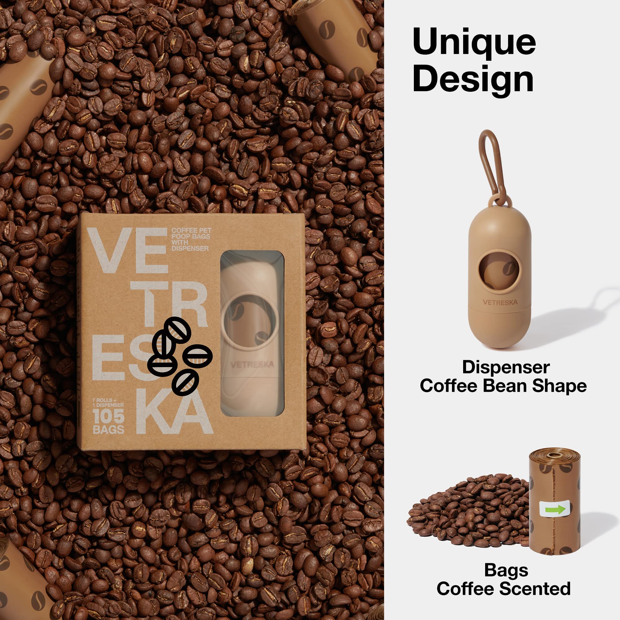 VETRESKA Dog Poop Bag Dispenser with Coffee Scented Waste Bags, Leak Proof, Extra Thick and Large Pet Poop Bags, 1 Count Bag Holder and 105 Count Bags (7 Refill Rolls) for Dogs and Cats
