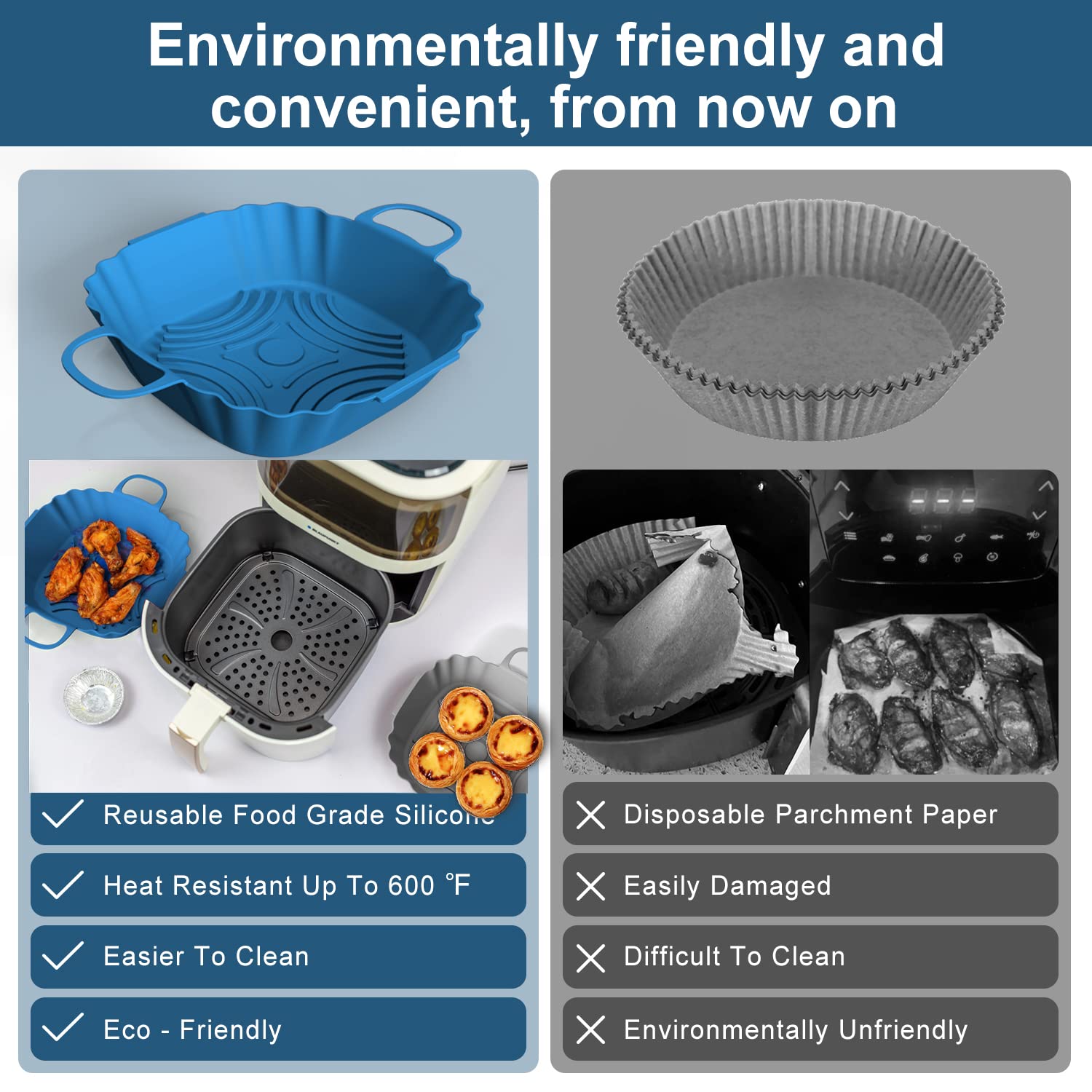 Permanent Warranty 8 Inch Silicone Air Fryer Liner 2 Pack Reusable 100% Food Grade Silicone Air Fryer Liner (Blue/Gray)