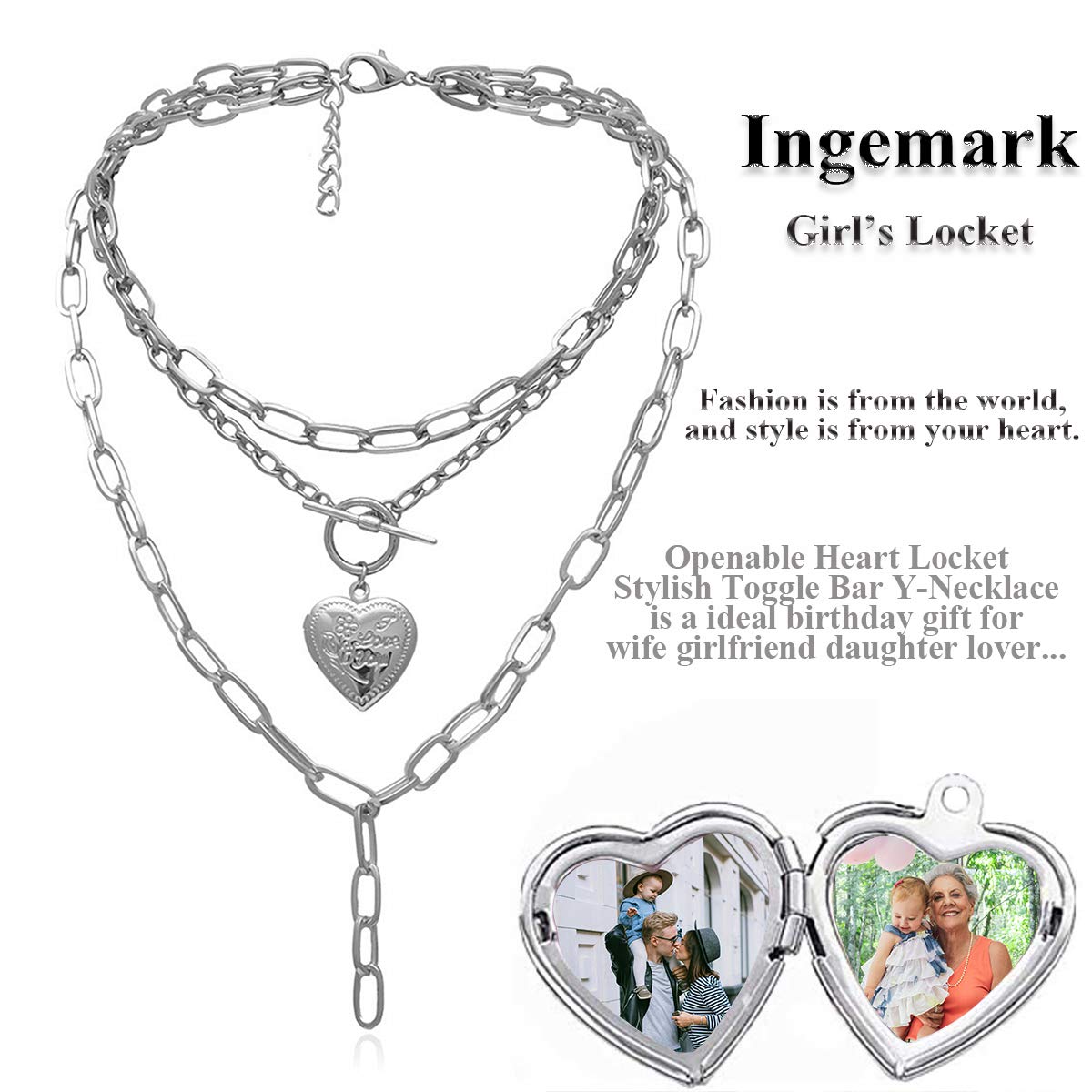 Ingemark Statement Cool Punk Chunky Chain Toggle Necklace for Women Heart Shaped Photo Locket Pendant Layered Heart Locket Necklace (Style 3 Silver)