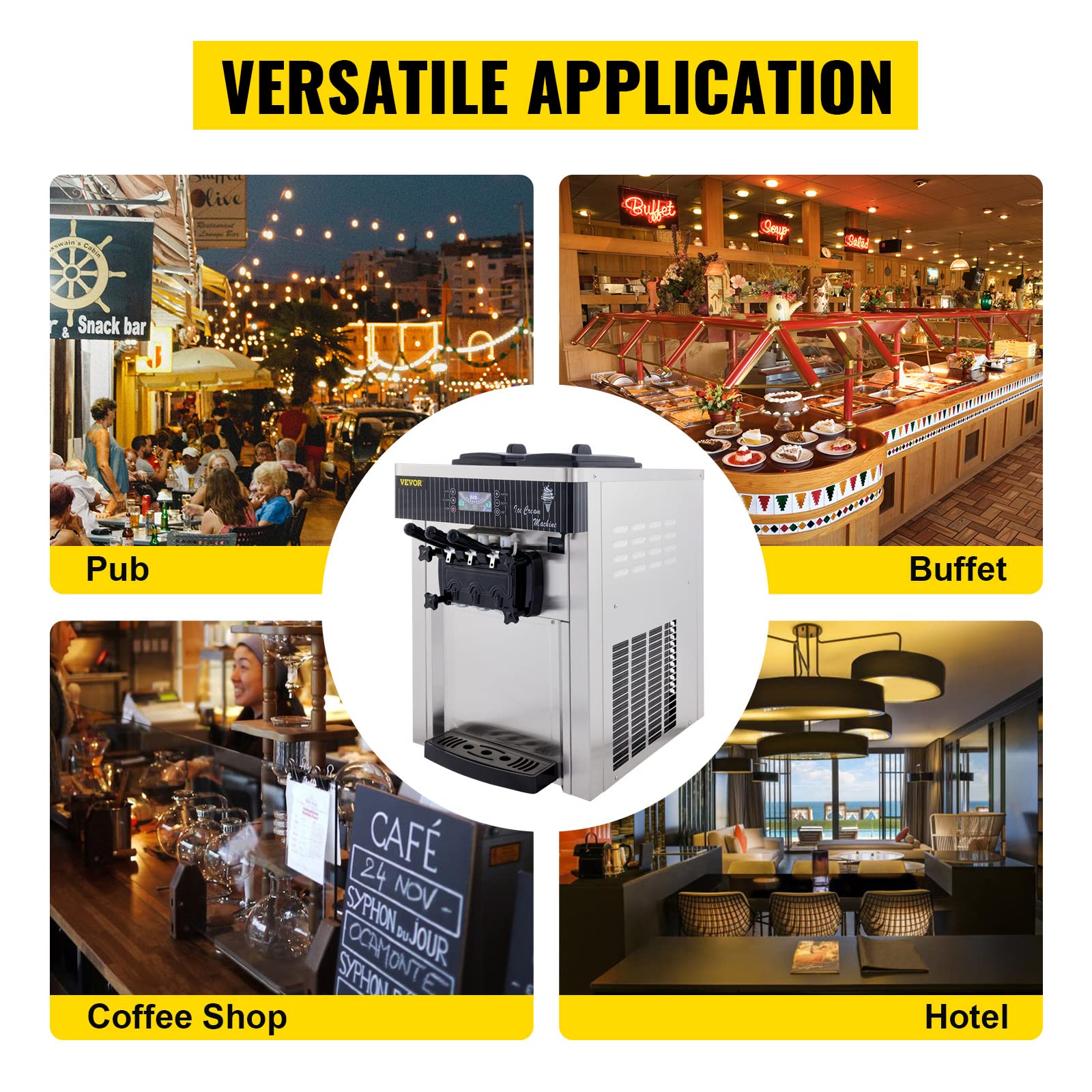 VEVOR Commercial Ice Cream Machine 5.3 to 7.4Gal per Hour Soft Serve with LED Display Auto Clean 3 Flavors Perfect for Restaurants Snack Bar, 2200W, Sliver