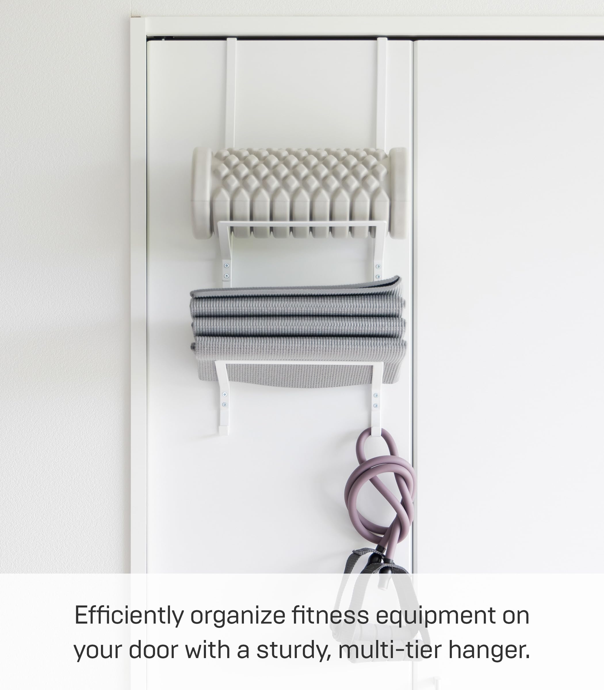 Yamazaki Home Tower Over-The-Door Yoga Mat Storage Hanger - 3-Tier Organizer for Foam Rollers, Backpacks, Hats, Bags - Extra Closet Space Saver - Steel