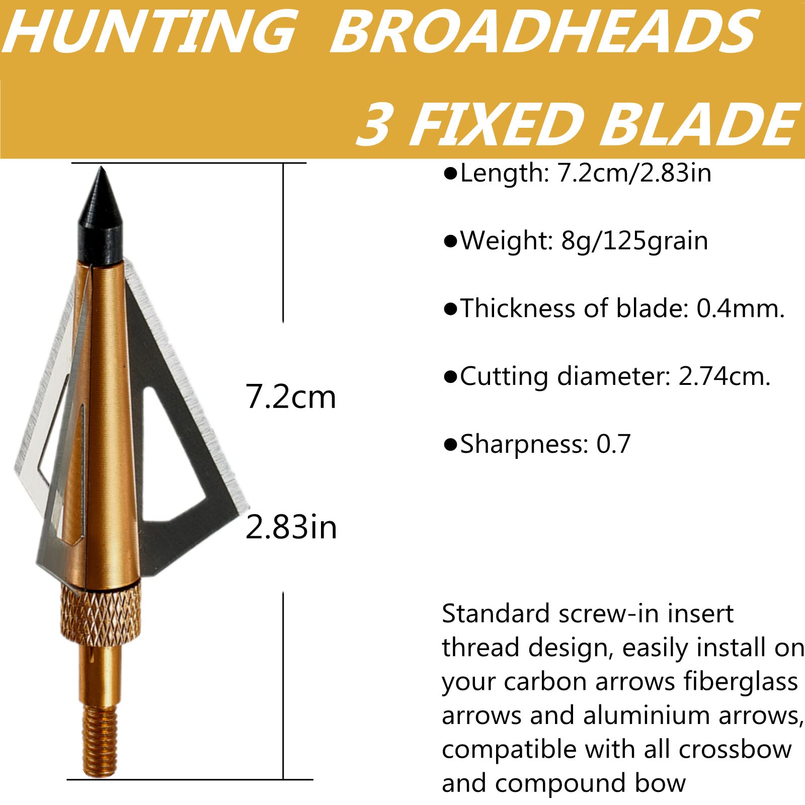 Huntingdoor 12Pack 3 Fixed Blade Archery Broadheads 125 Grain Arrow Head Hunting Arrow Tips Golden for Compound Bow and Crossbow