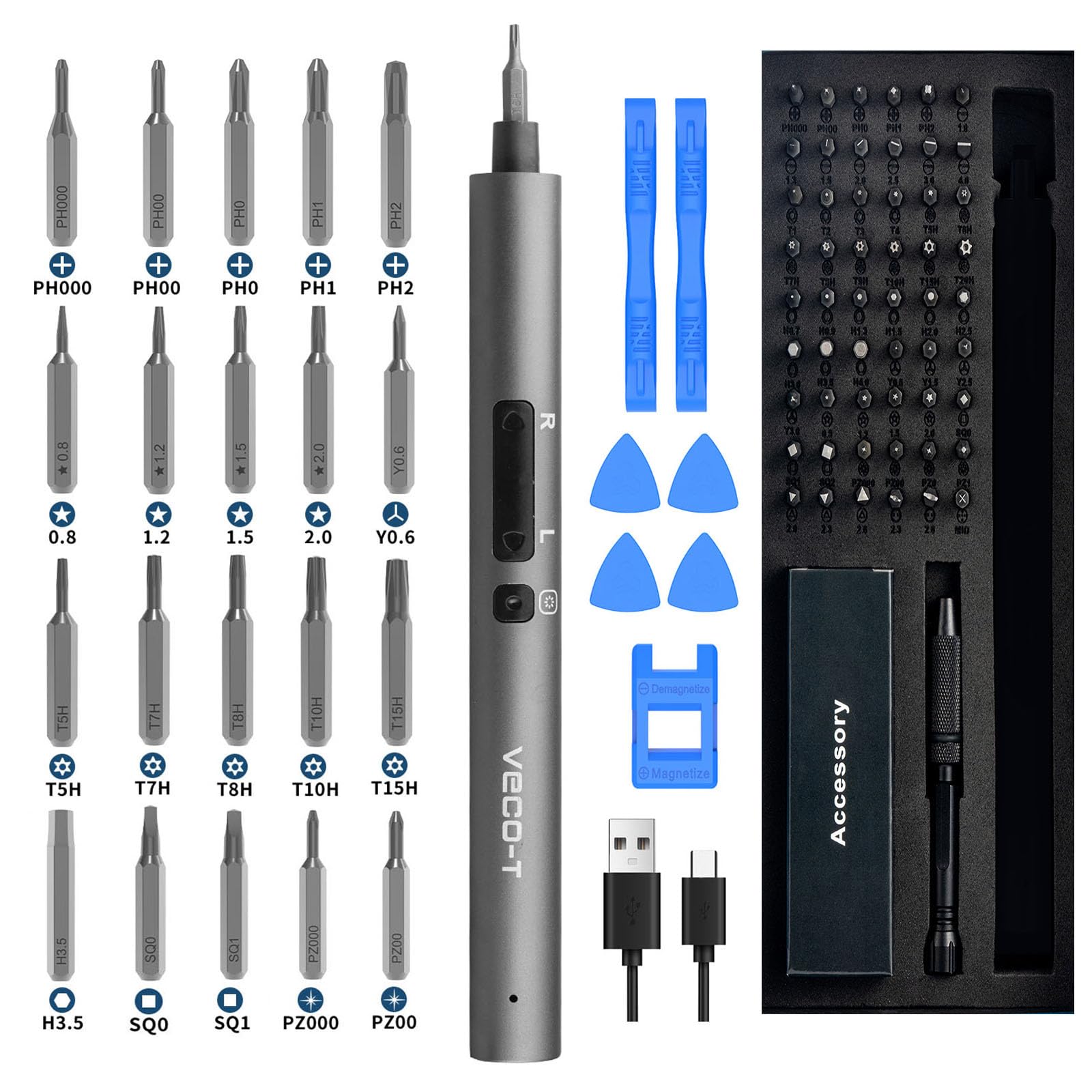 VECO-T Mini Electric Screwdriver,65-in-1 Precision Screwdriver Set with 54 Magnetic Bits,USB-C Rechargeable Repair Tool Kit for Repairing Watch Glasses Phone Camera Laptop