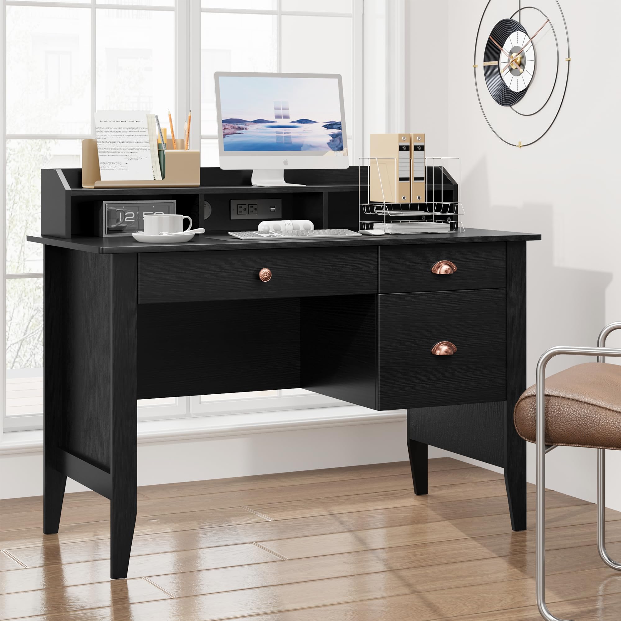 TTVIEW Computer Desk with Storage Drawers & USB Charging Port, Home Office Executive Desk with Hutch Shelf and File Drawer, Writing Study Table with 47" Wide Tabletop for Small Spaces, Black